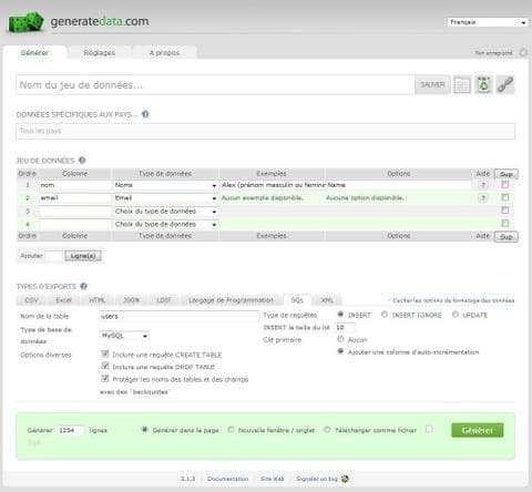 Générer des données avec GenerateData - https://etienner.github.io